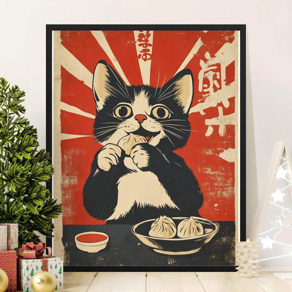Cute Cat Eating Dumplings Poster, Kawaii Cat Wall Art, Dumpling Lover ...