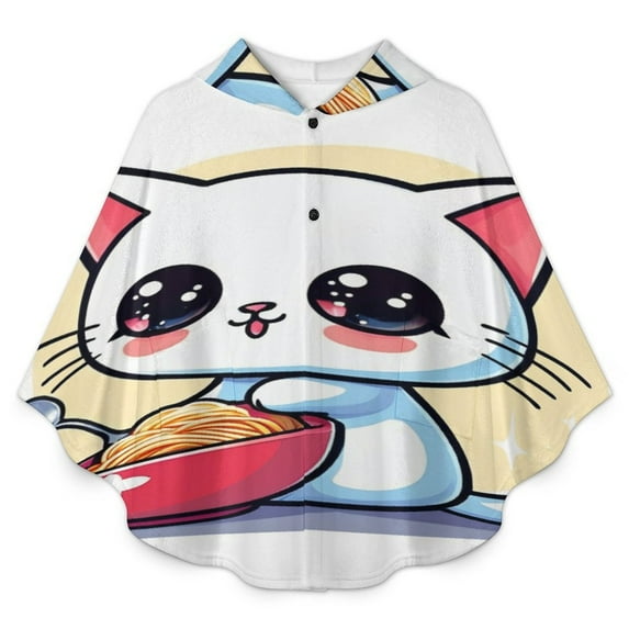 Cute Cat Eating Noodles Blanket Oversized Wearable Hooded Blanket Warm ...