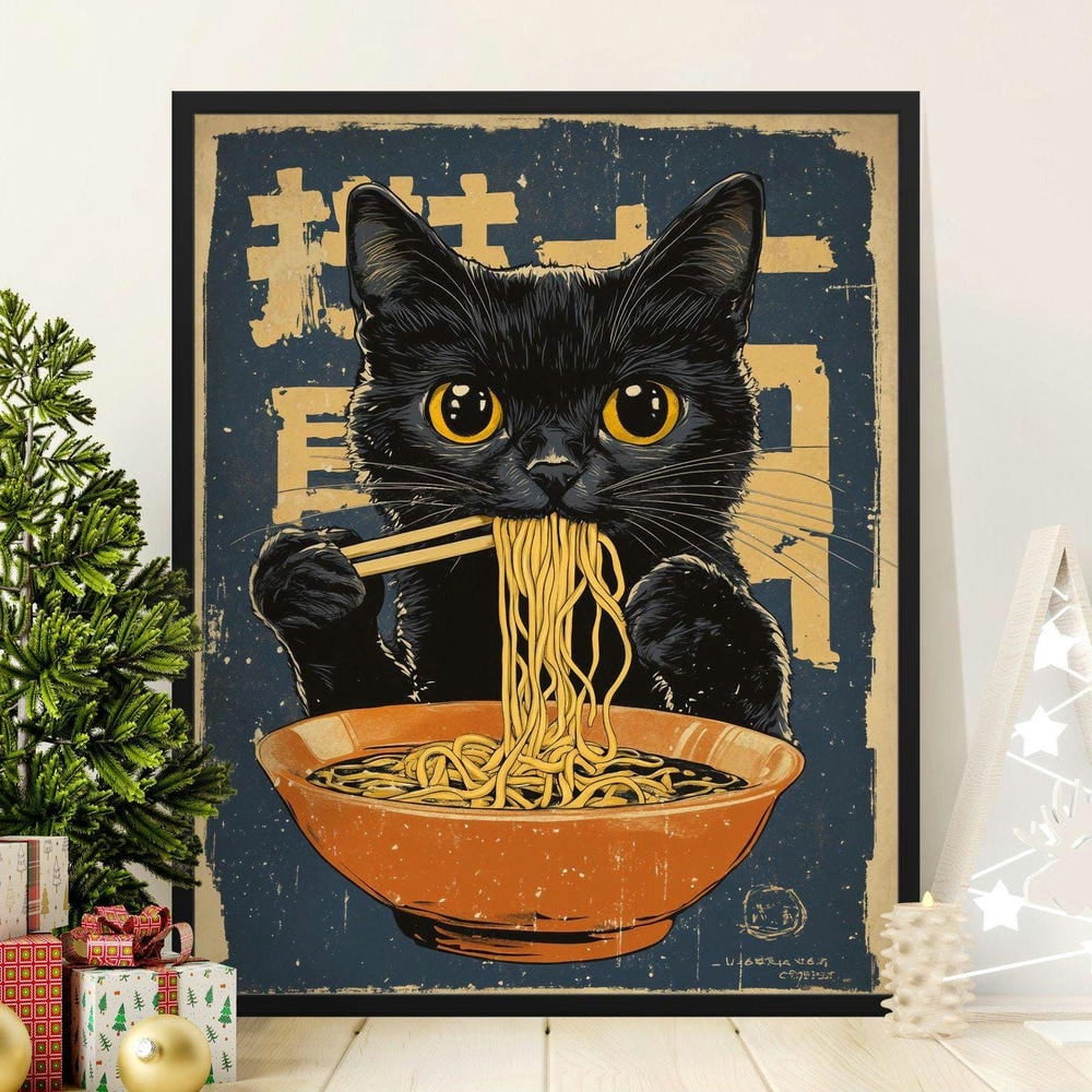 Cute Cat Eating Noodles Poster, Funny Cat Art Print, Whimsical Ramen ...