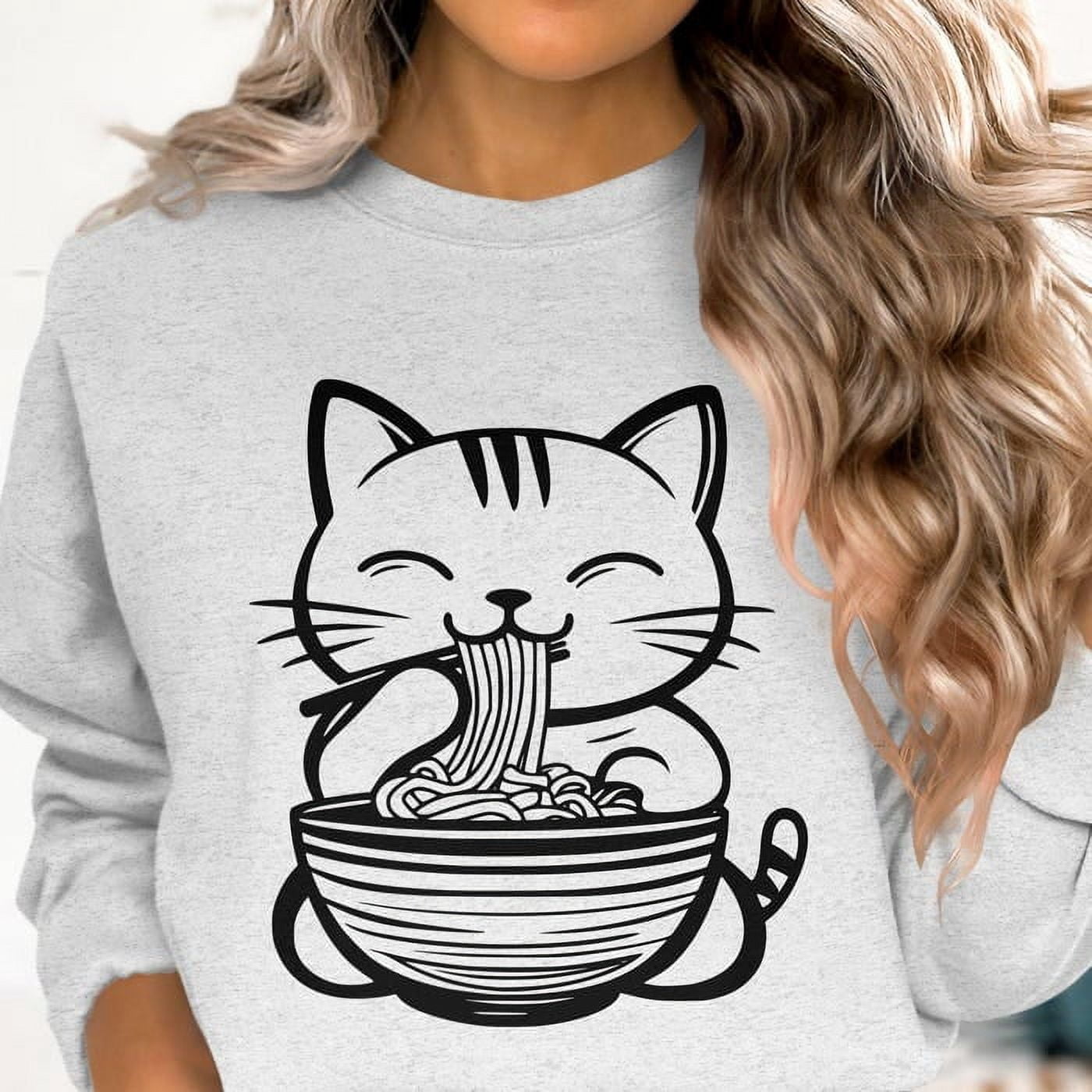 Cute Cat Eating Noodles SVG Design, Kawaii Noodle Cat Cut File ...