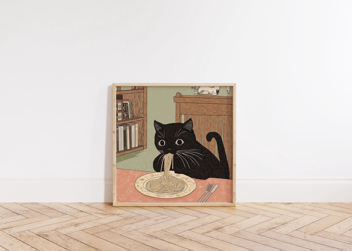 Cute Cat Eating Pasta Colorful Black Kitten with Spaghetti Kitchen Wall ...