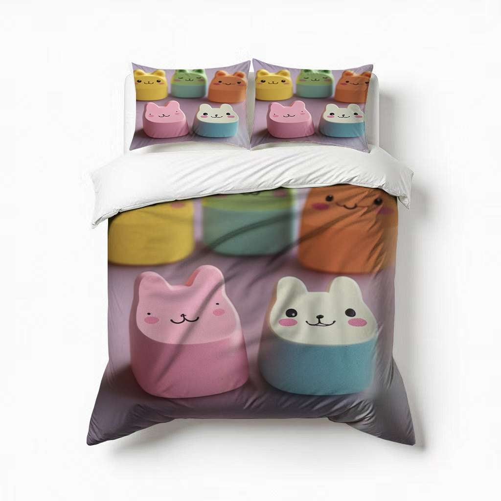 Cute Cat Face Erasers Bedding Set 3 Pcs Soft Microfiber Quilt Cover For ...