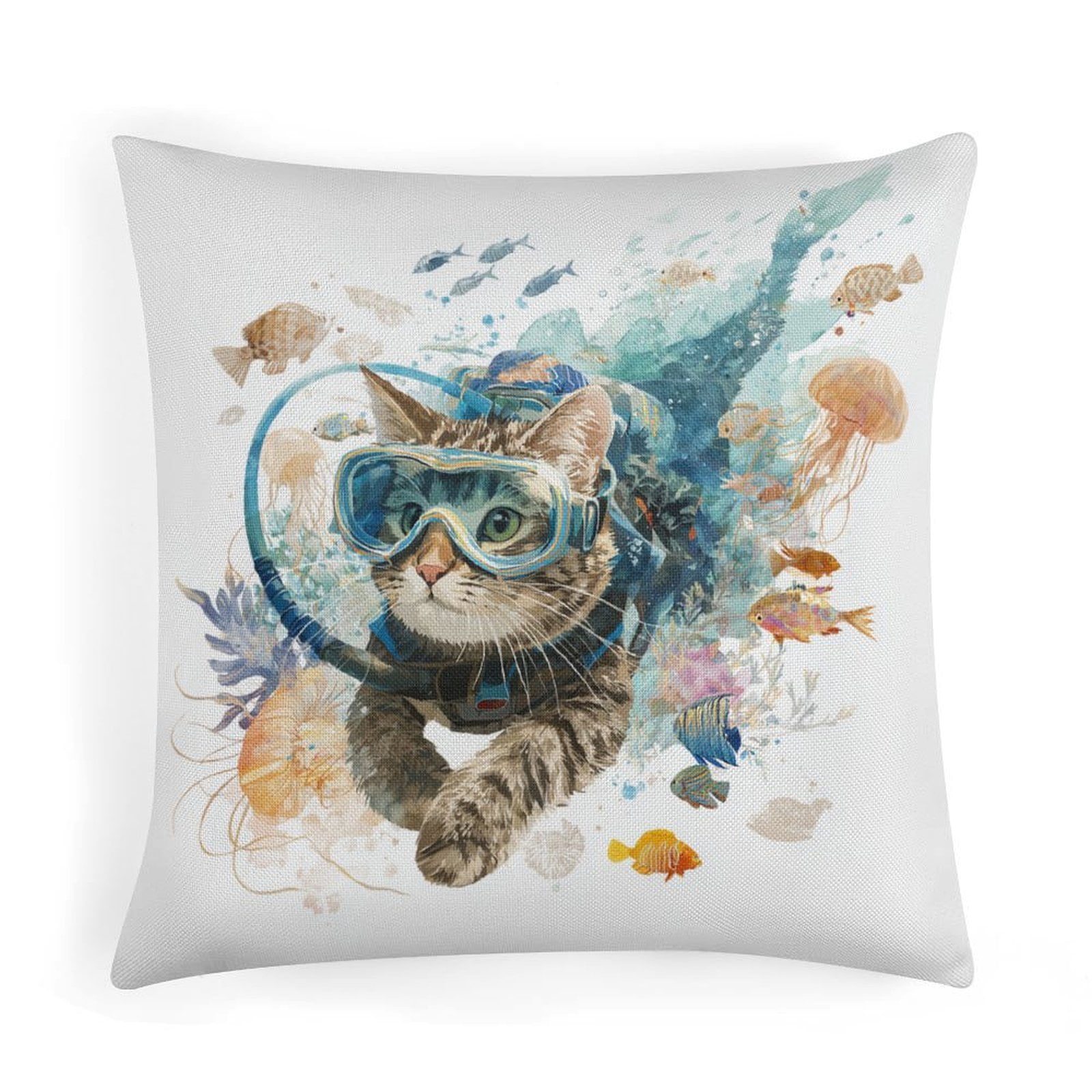 Cute Cat Fish And Jellyfish Pillows Cover 16"x16" Ocean Theme Throw ...