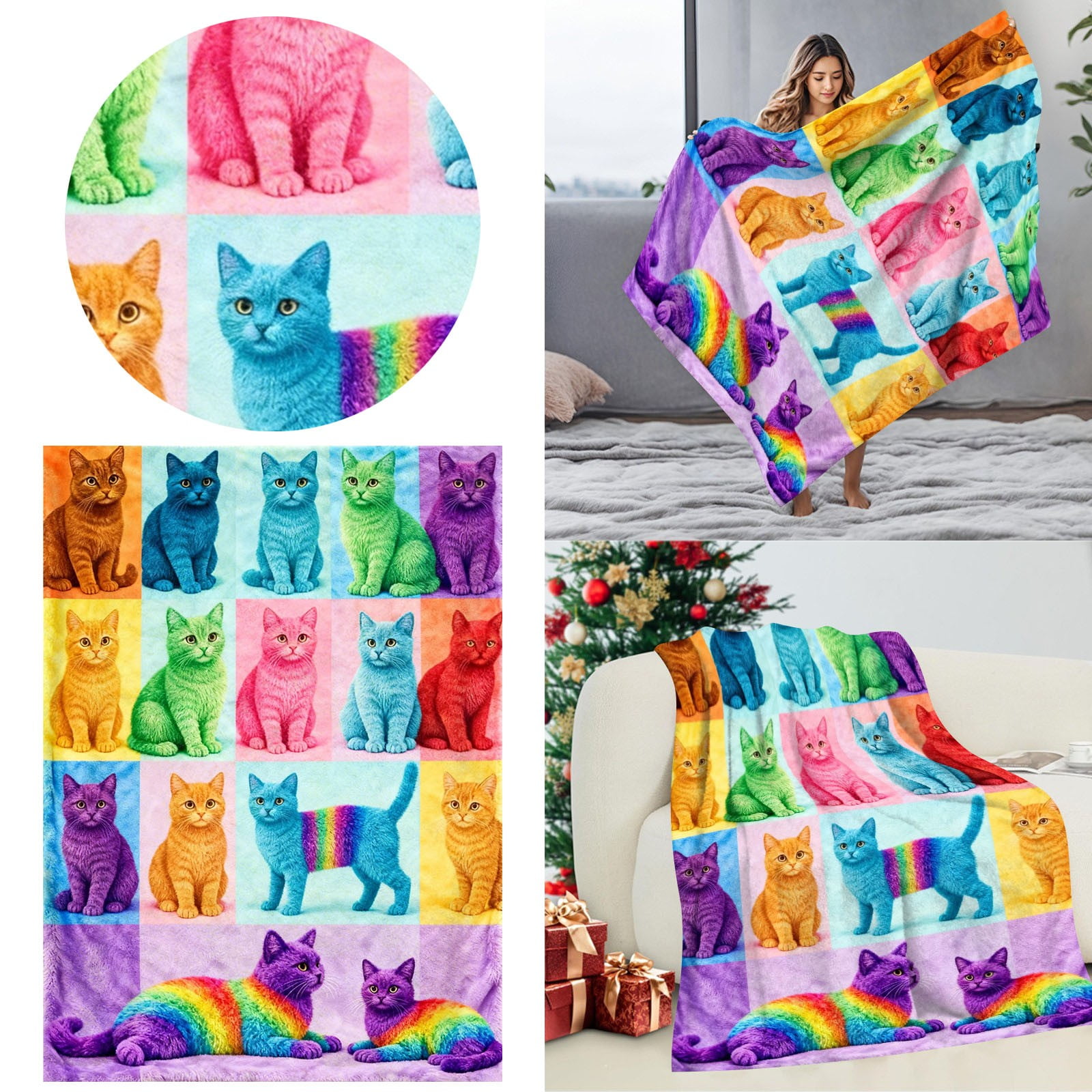 Cute Cat Flannel Blanket Cozy Animal Theme Throw for Kids Adults Soft ...