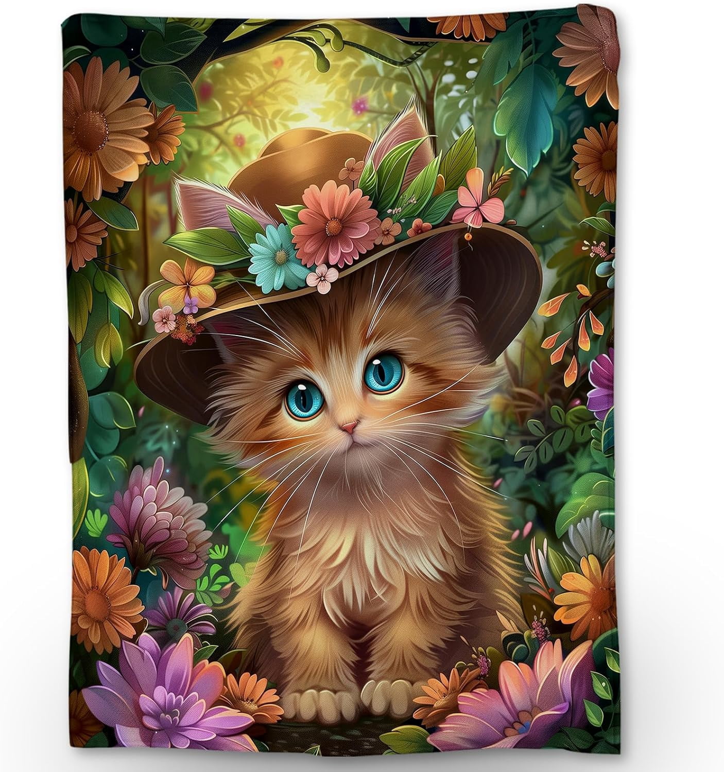 Cute Cat & Floral Blanket, Soft Warm Lightweight Flannel Throw Blanket ...