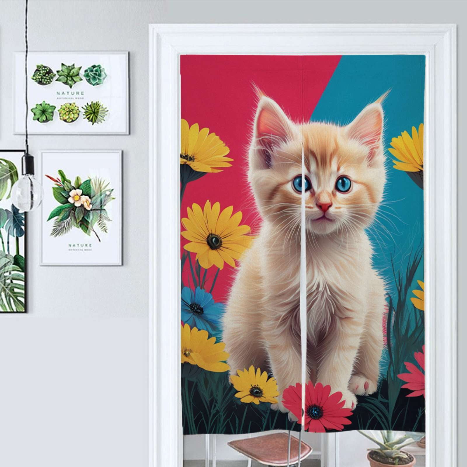 Cute Cat Floral Print Door Curtain Nordic Living Room DoorCurtain Porch ...