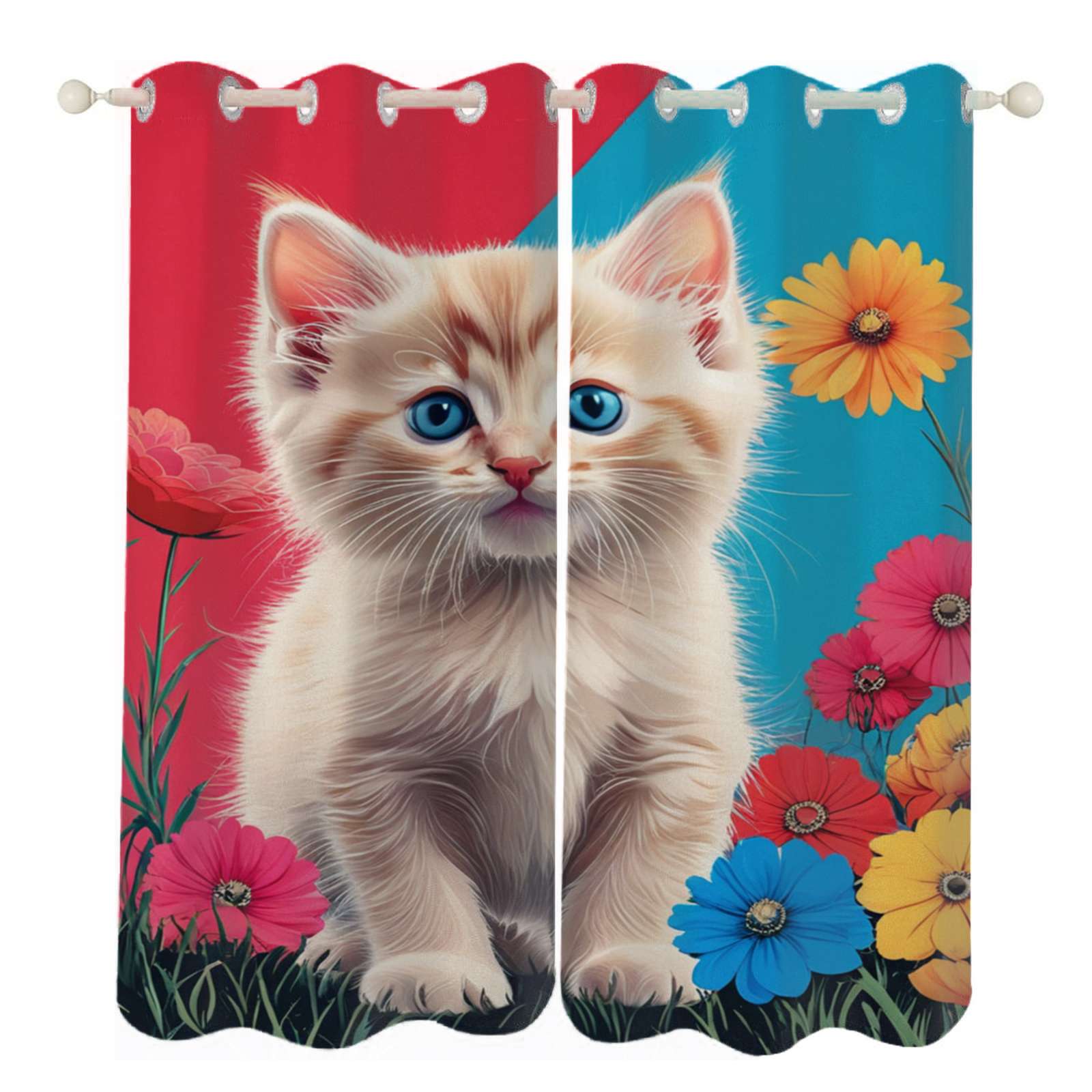 Cute Cat Floral Print Sunshade Curtains Home Bedroom Living Room Dining ...