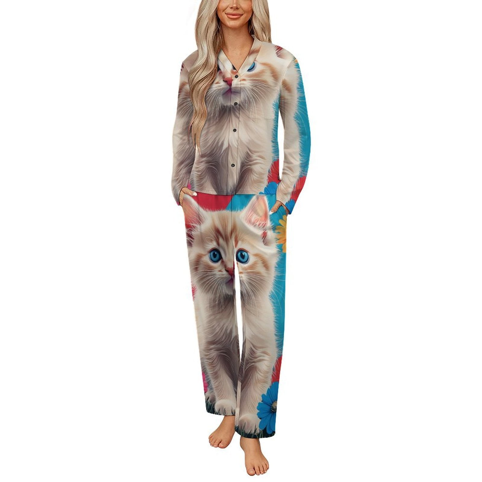 Cute Cat Floral Print Womens Pyjamas Set Button Up Pyjamas Womens with ...