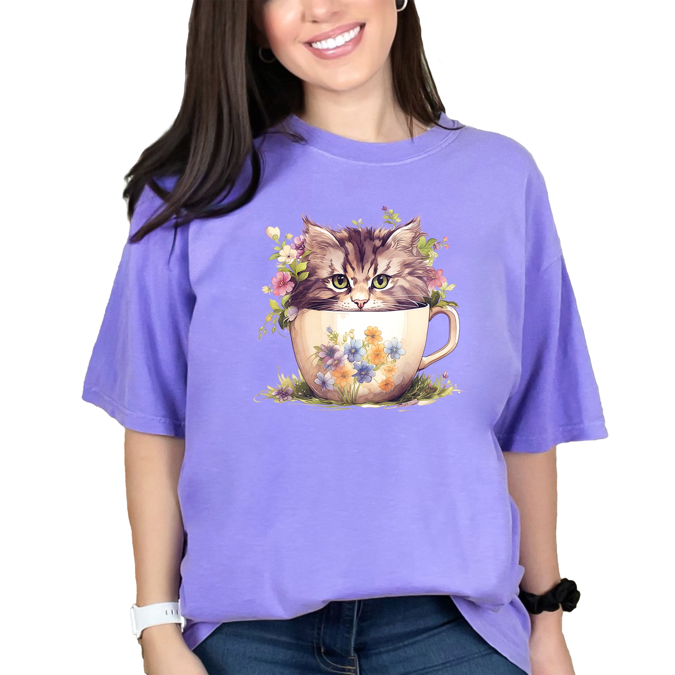 Cute Cat in Floral Teacup T-Shirt, Adorable Kitten Illustration Tee ...