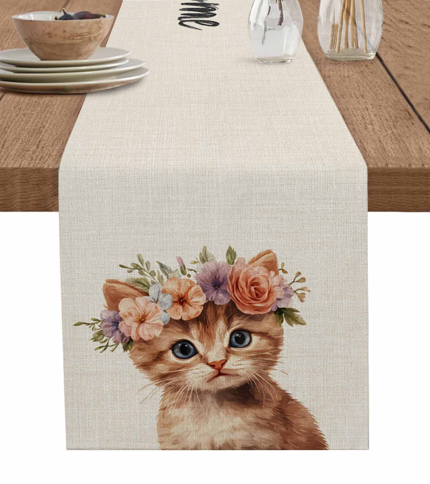 Cute Cat Flower Burlap Cotton Table Runner 13x108 Inches Long ...