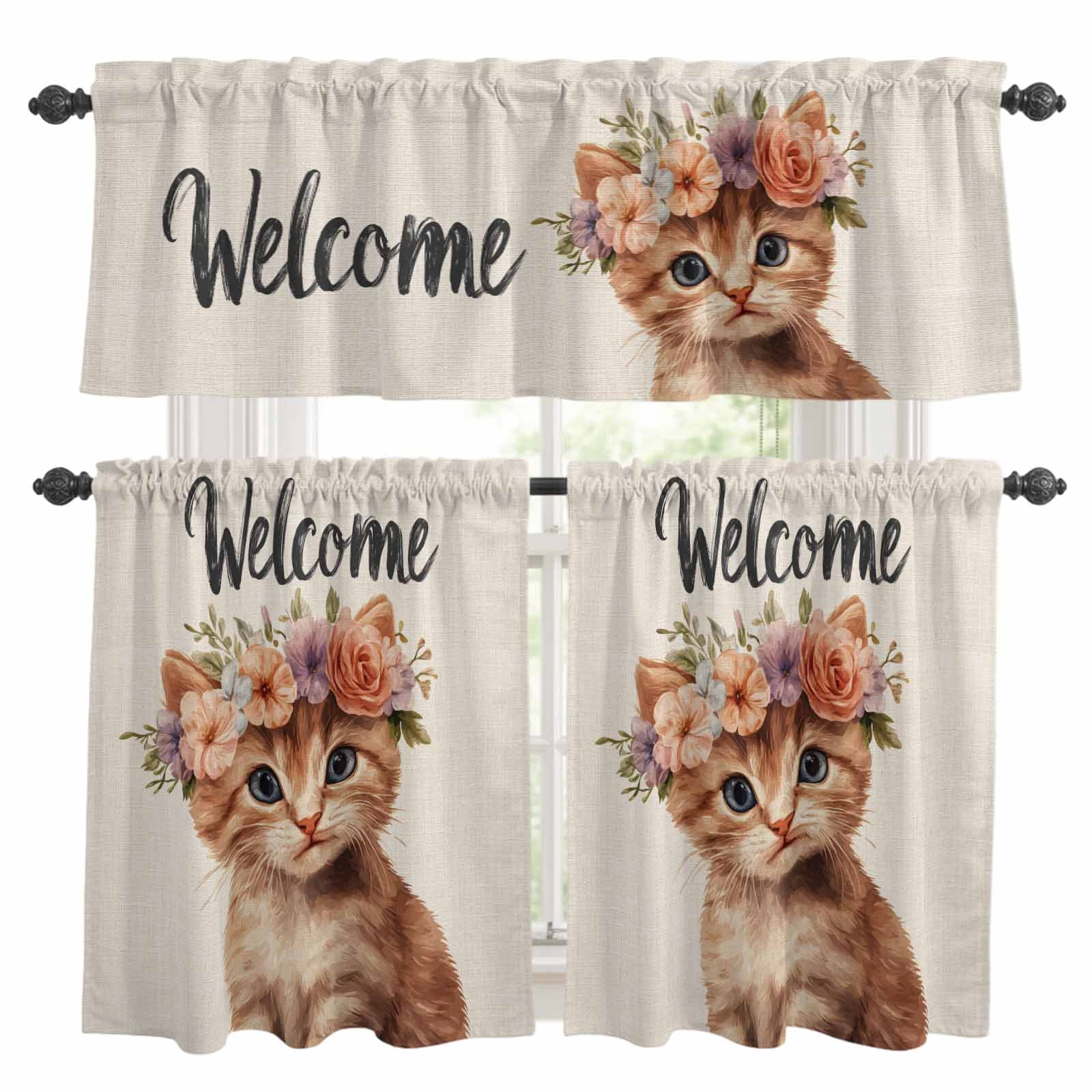 Cute Cat Flower Kitchen Curtains Sets for Windows 36 Inch Length ...