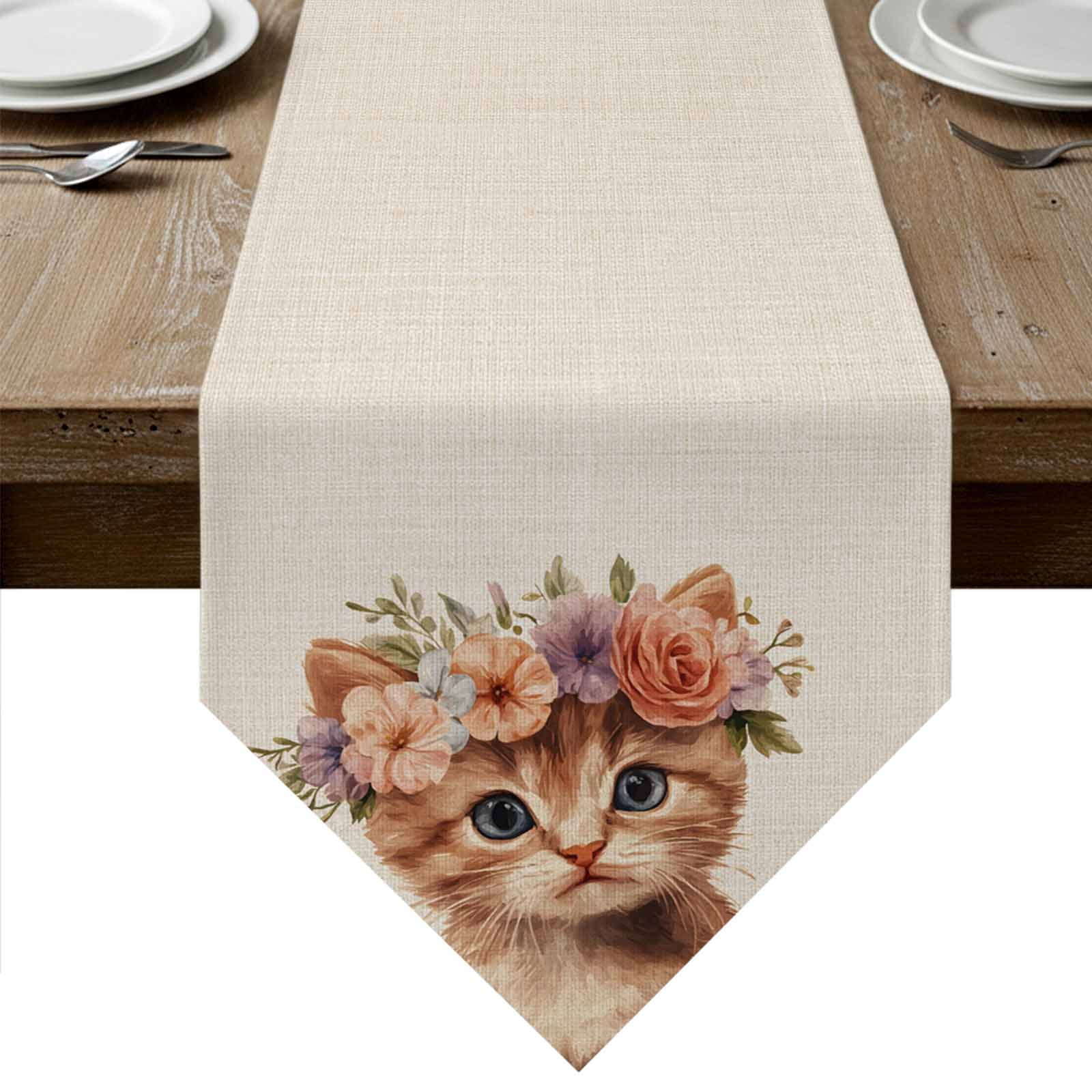 Cute Cat Flower Table Runner Linen Burlap Table Runner 70 Inches Long ...