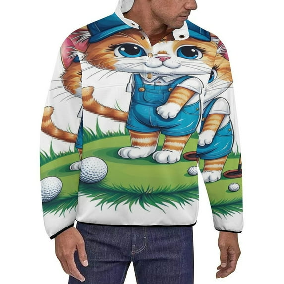 Cute Cat Golfer Cartoon Men's Stand Collar Sweater Long Sleeve Clothing ...