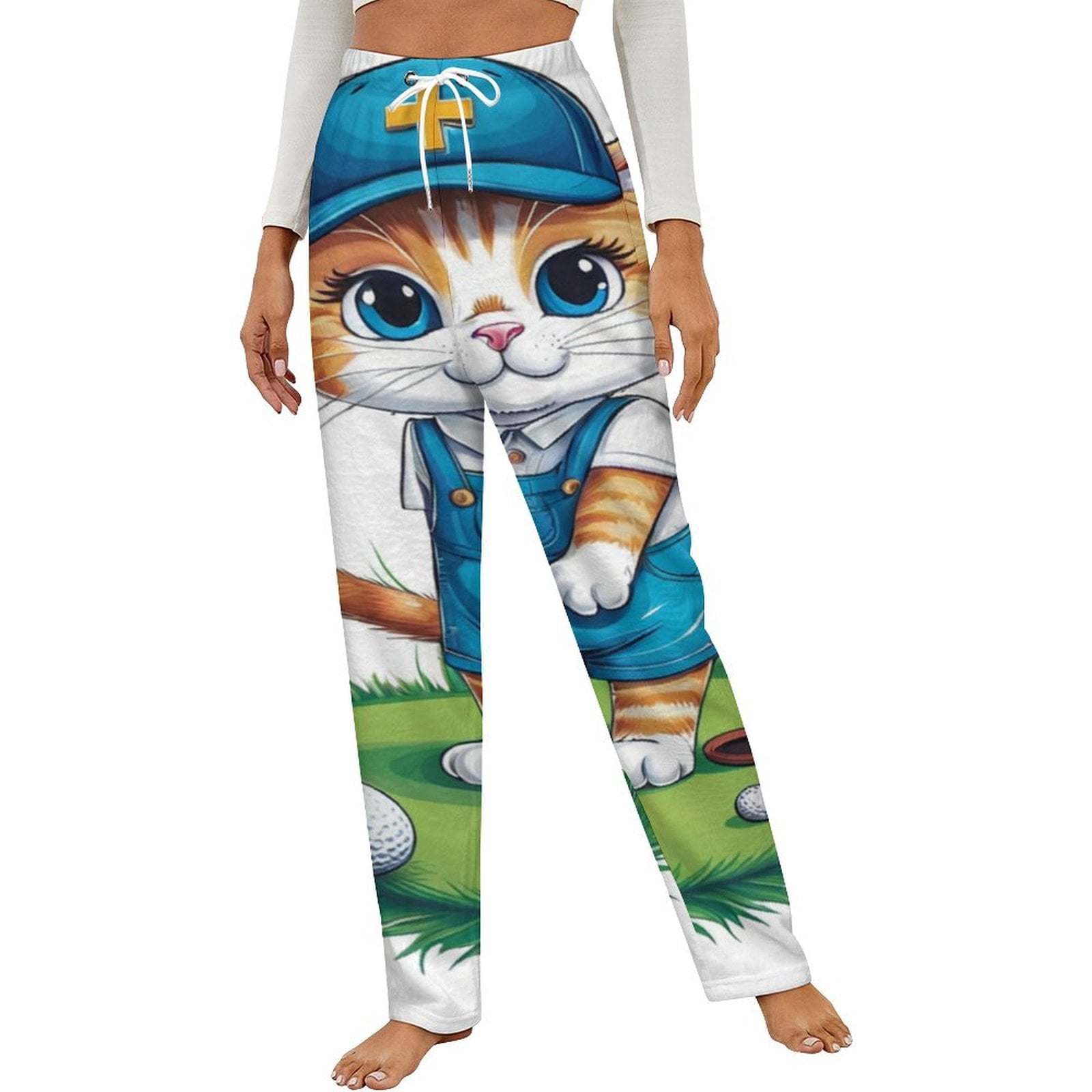 Cute Cat Golfer Cartoon Winter Female Pants Flannel High Waist Women ...
