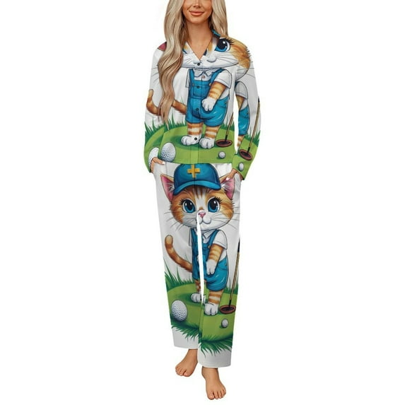 Cute Cat Golfer Cartoon Womens Pyjamas Set Button Up Pyjamas Womens ...