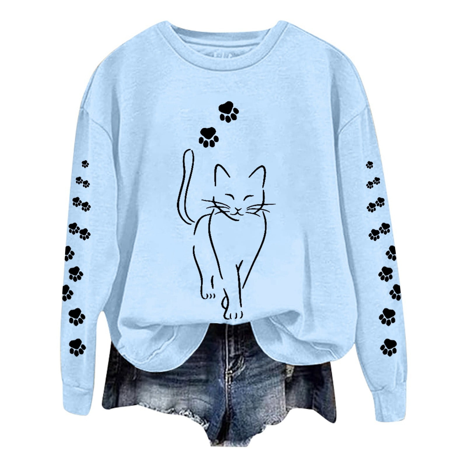 Cute Cat Graphic Sweatshirt Paw Print Long Sleeve Crew Neck Lover Shirt ...