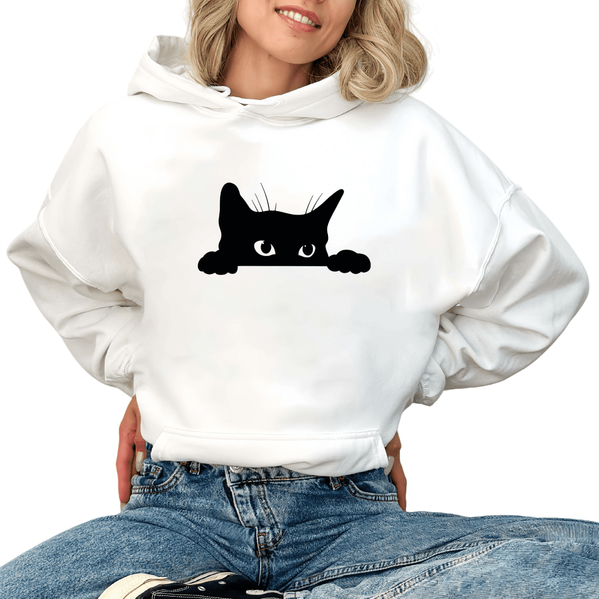 Cute Cat Graphic Sweatshirt Print Hoodie White Minimal Pet Lover S-2XL ...