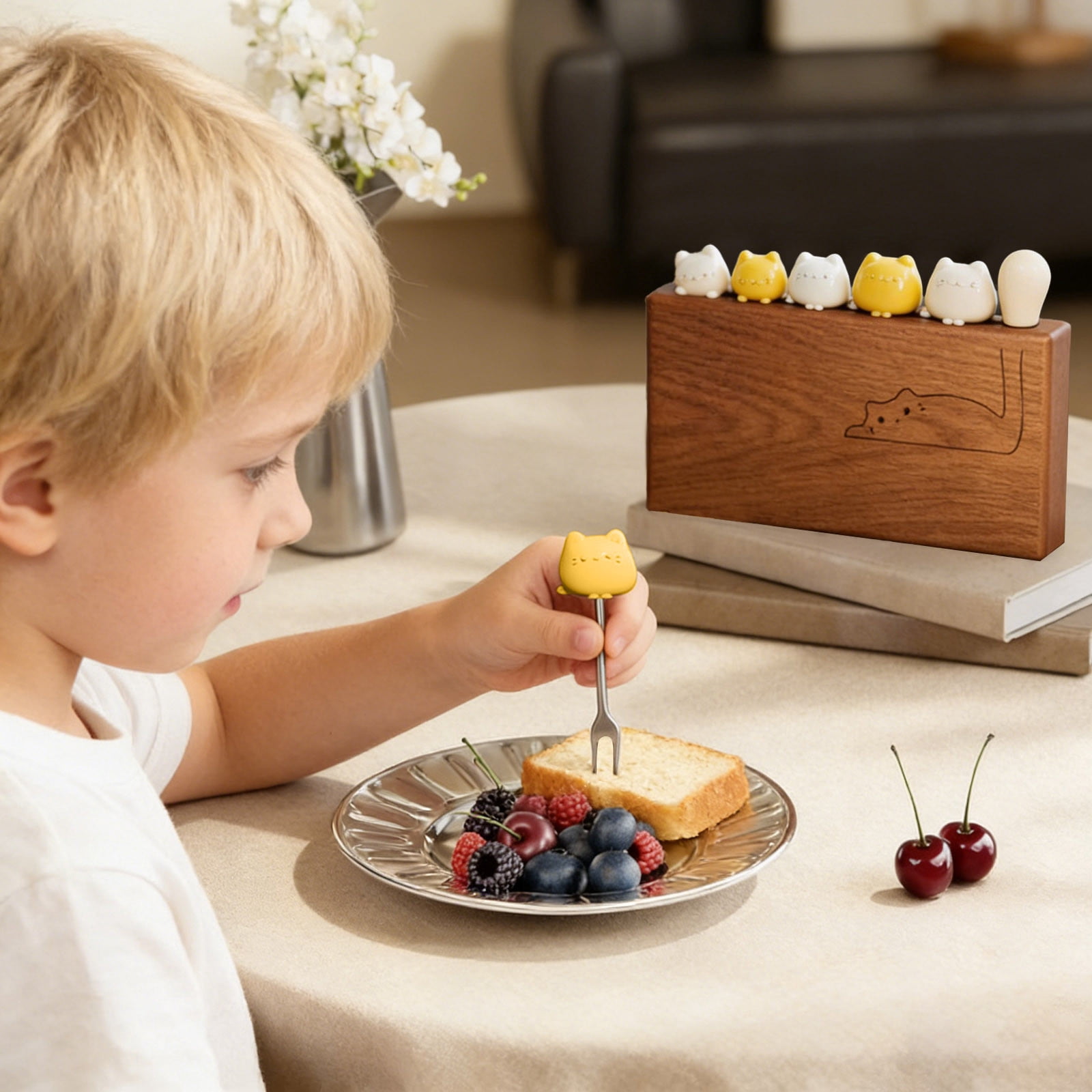 Cute Cat Handle Stainless Steel Fruit Fork Set with Wooden Storage Base ...