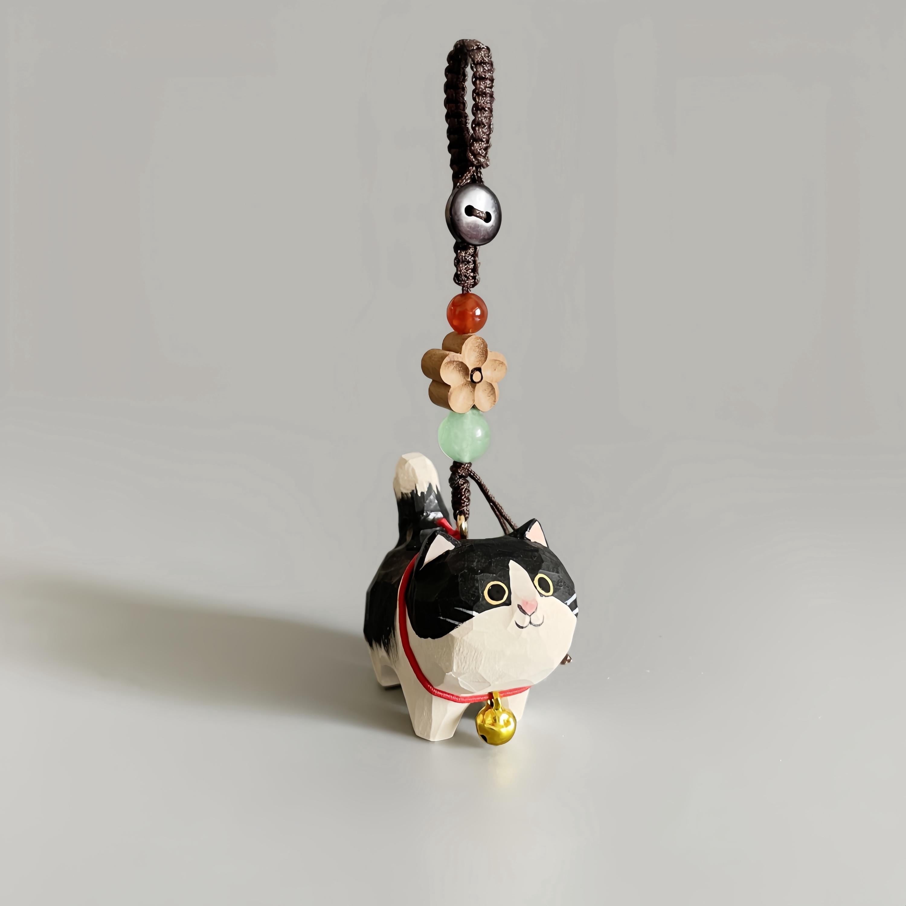 Cute Cat Handmade Wood Carving Keychain,Black White Cat Keyring,Hand ...