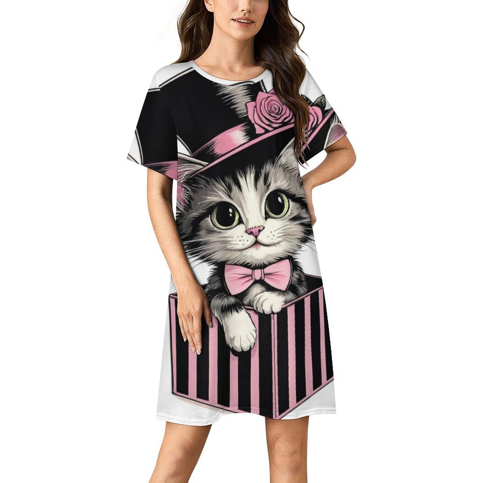 Cute Cat Hat Box Women Nightgown Sleepwear Short Sleeves For Vacations ...