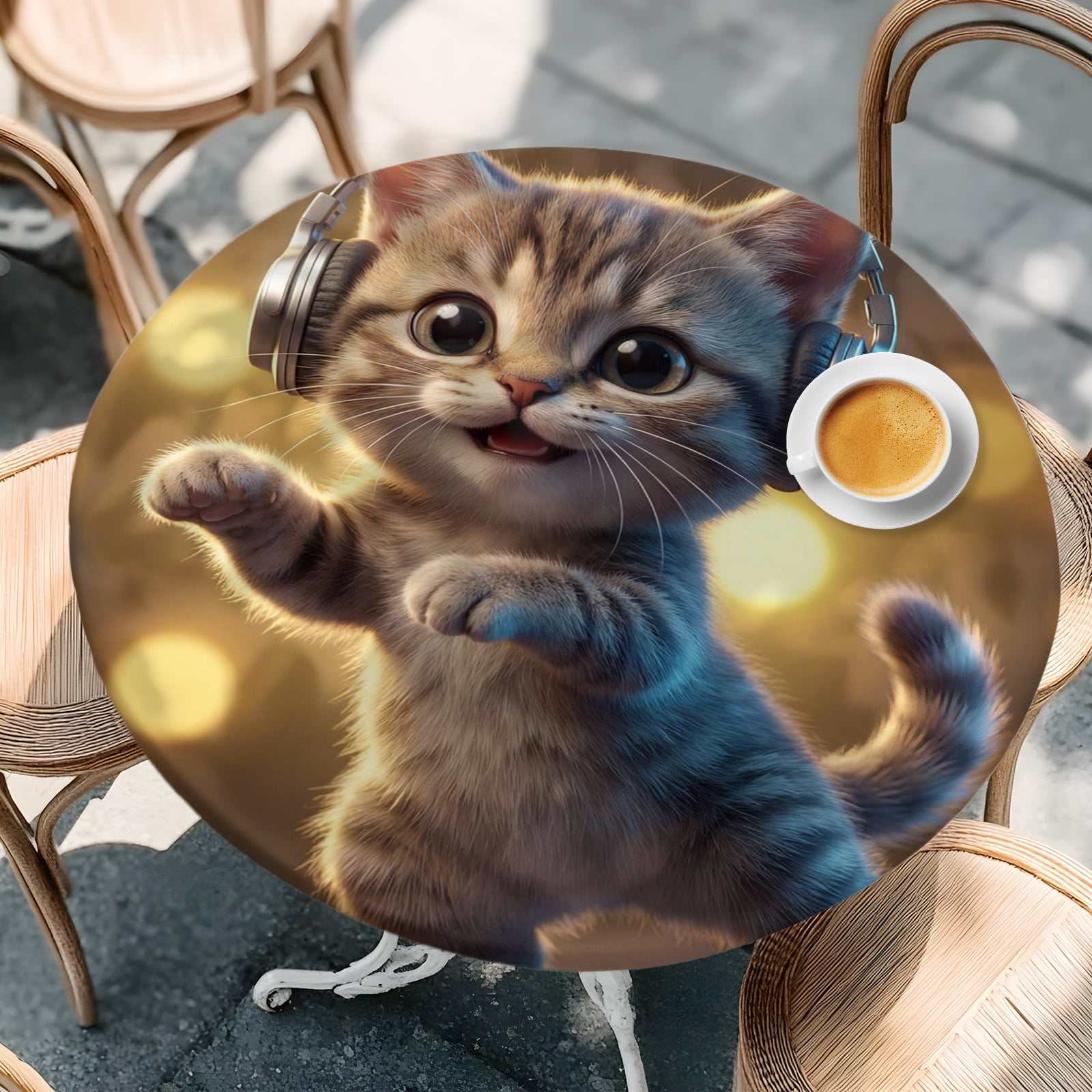Cute Cat with Headphones Round Fitted Tablecloth with Elastic Edge ...