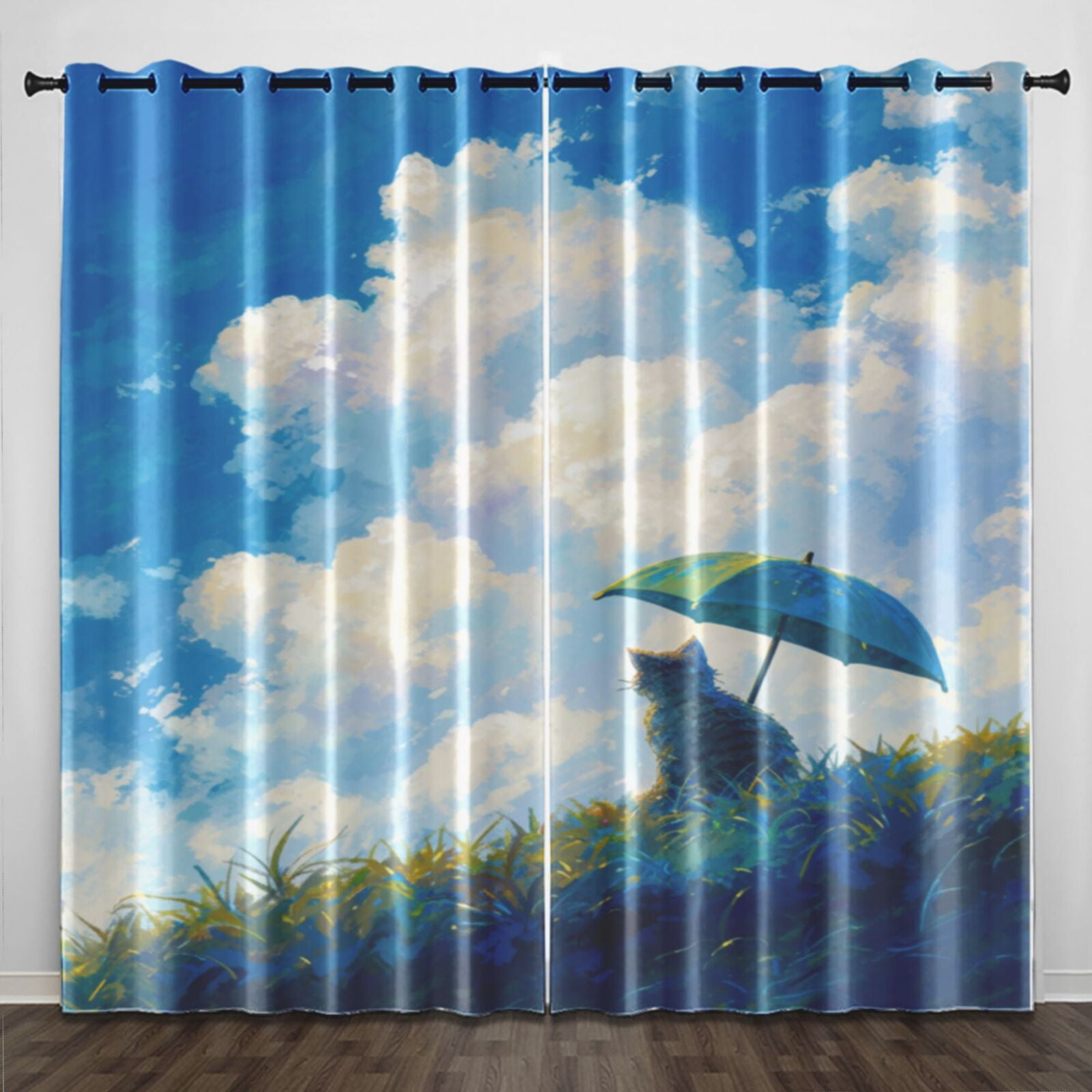 Cute Cat Hiding Under Umbrella (81) Curtains 2 Panels Set Blackout For ...