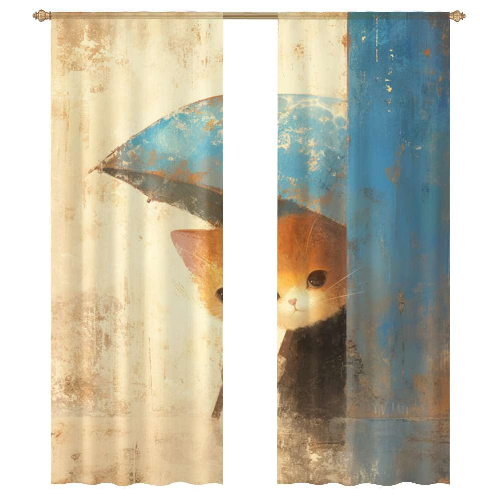 Cute Cat Hiding Under Umbrella Modern Tulle Window Curtains for Living ...