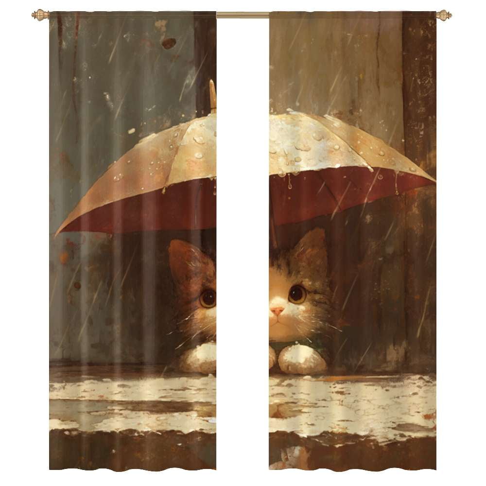 Cute Cat Hiding Under Umbrella Modern Tulle Window Curtains for Living ...
