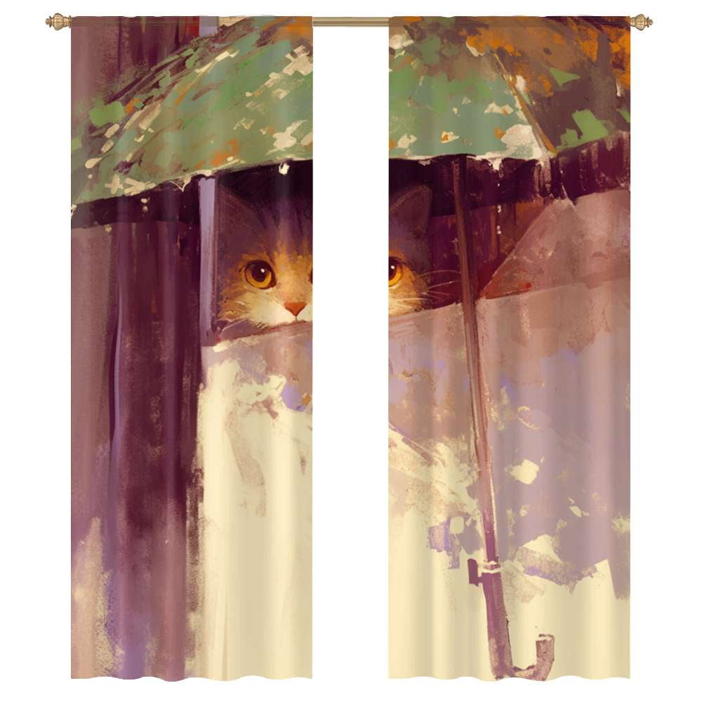 Cute Cat Hiding Under Umbrella Modern Tulle Window Curtains for Living ...
