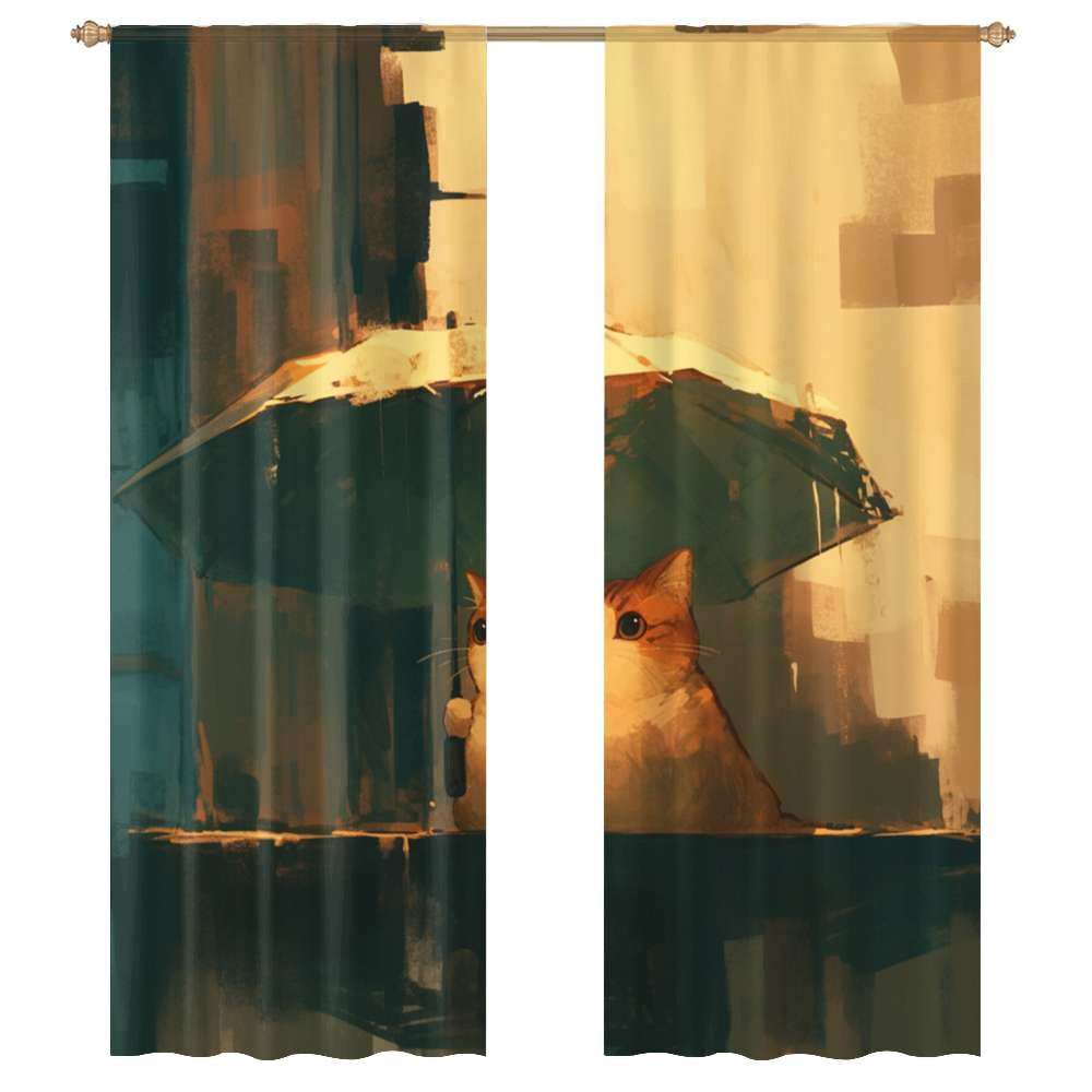 Cute Cat Hiding Under Umbrella Sheer Voile Curtain Window Tulle ...