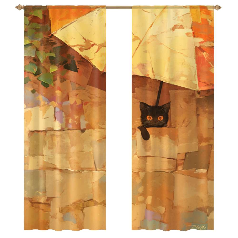 Cute Cat Hiding Under Umbrella Sheer Voile Curtain Window Tulle ...