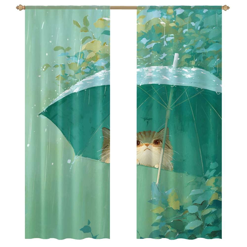 Cute Cat Hiding Under Umbrella Sheer Voile Curtain Window Tulle ...