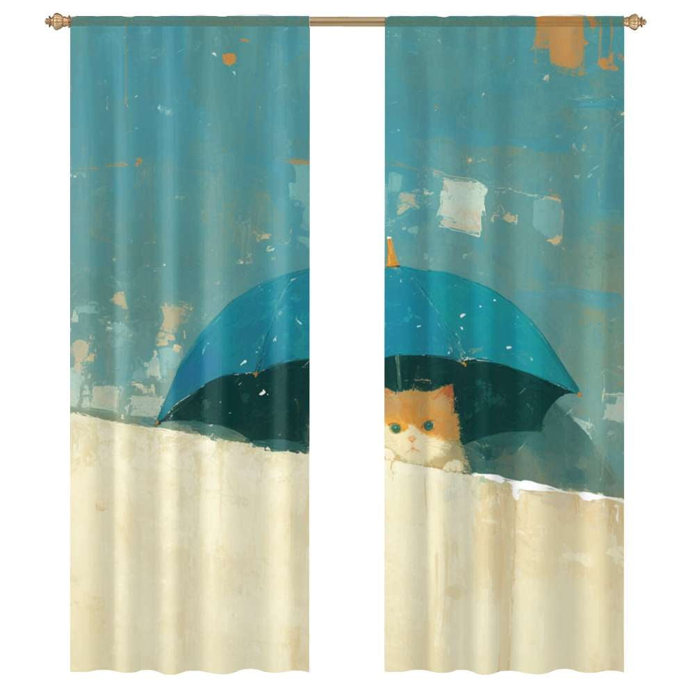 Cute Cat Hiding Under Umbrella Sheer Voile Curtain Window Tulle ...