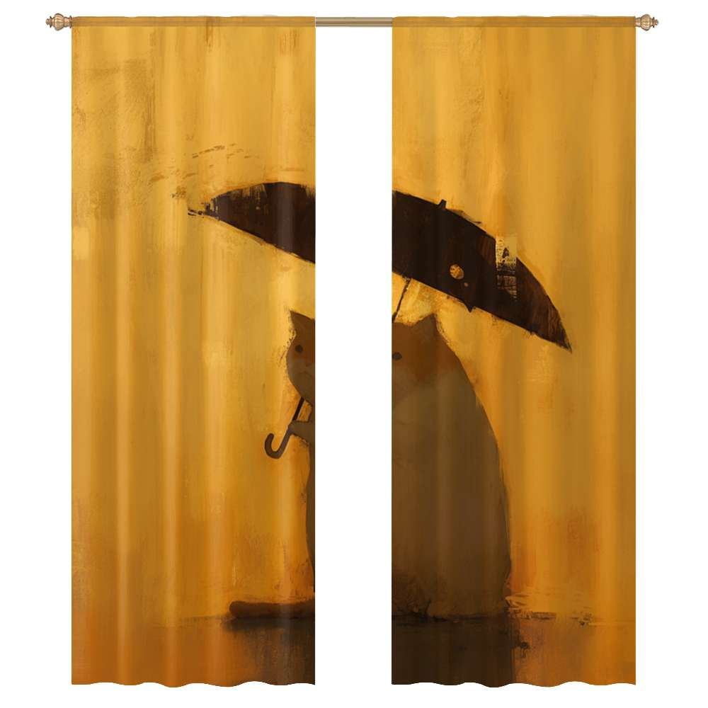 Cute Cat Hiding Under Umbrella Sheer Voile Curtain Window Tulle ...