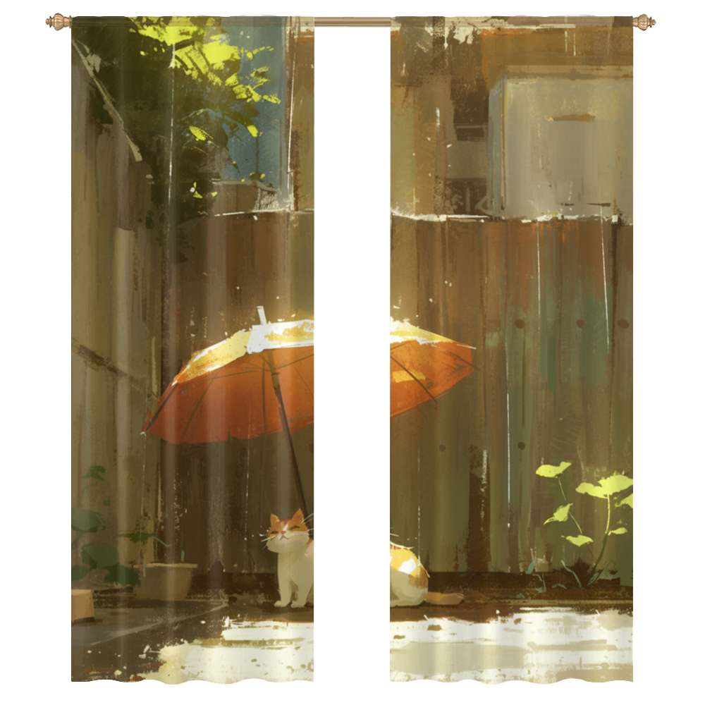 Cute Cat Hiding Under Umbrella Sheer Window Curtains for Living Room ...