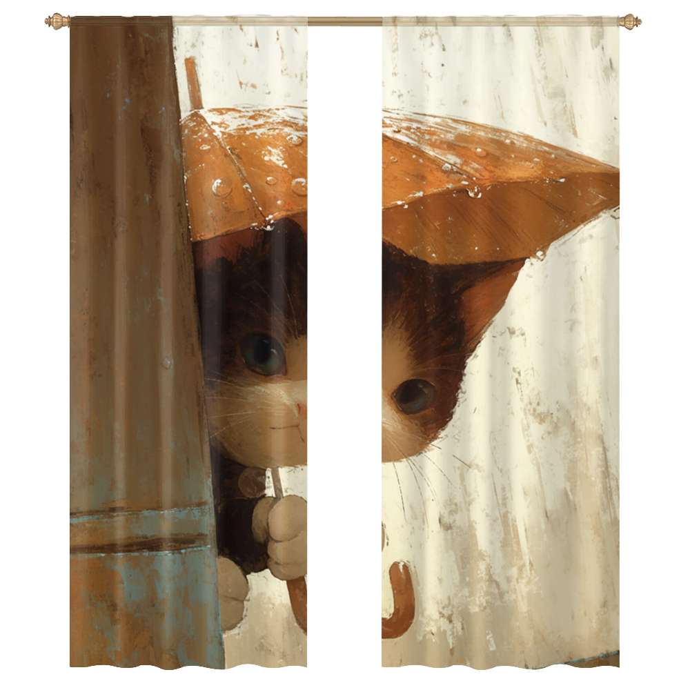 Cute Cat Hiding Under Umbrella Sheer Window Curtains for Living Room ...