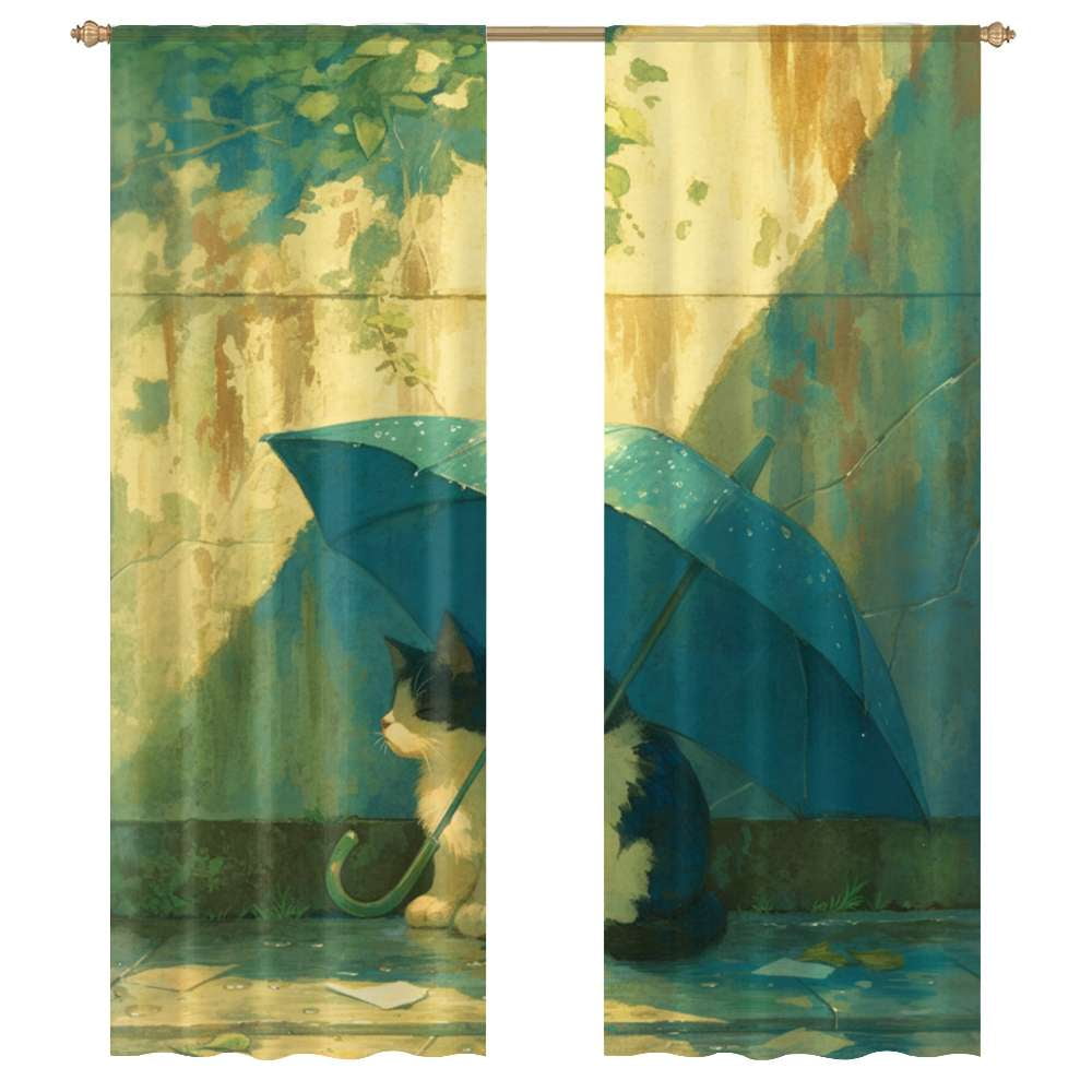 Cute Cat Hiding Under Umbrella Sheer Window Curtains for Living Room ...