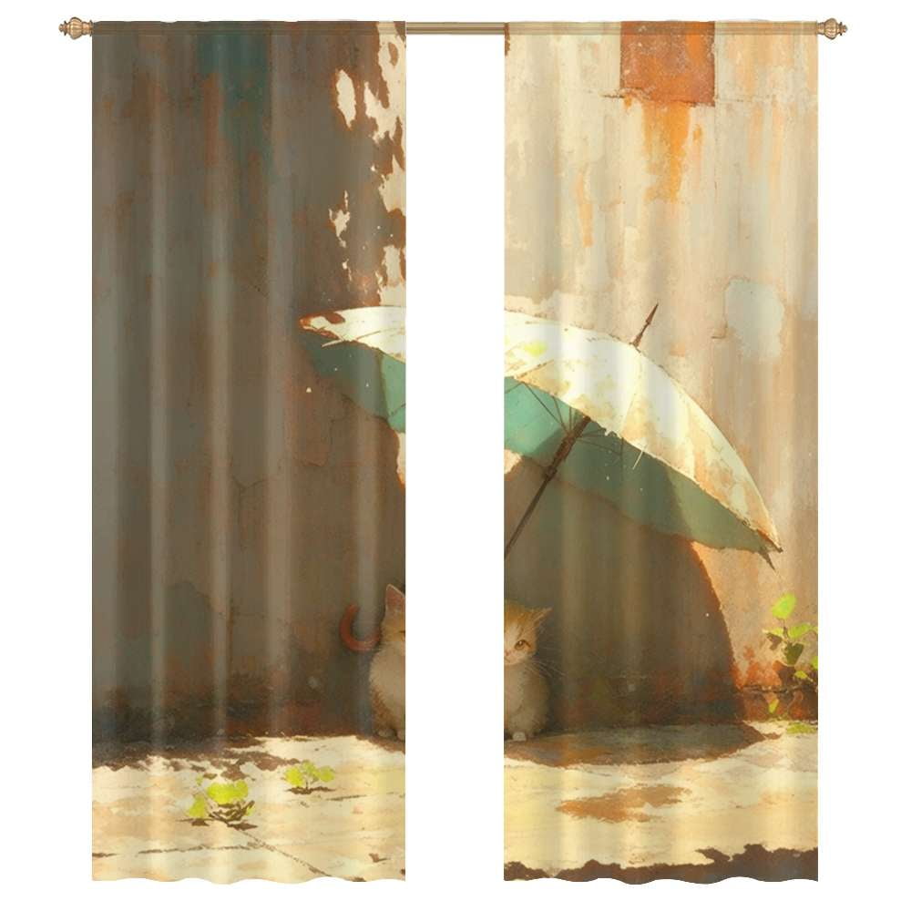 Cute Cat Hiding Under Umbrella Sheer Window Curtains for Living Room ...