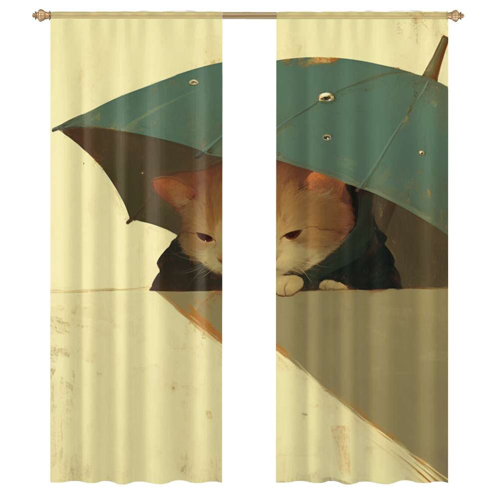 Cute Cat Hiding Under Umbrella Sheer Window Curtains for Living Room ...