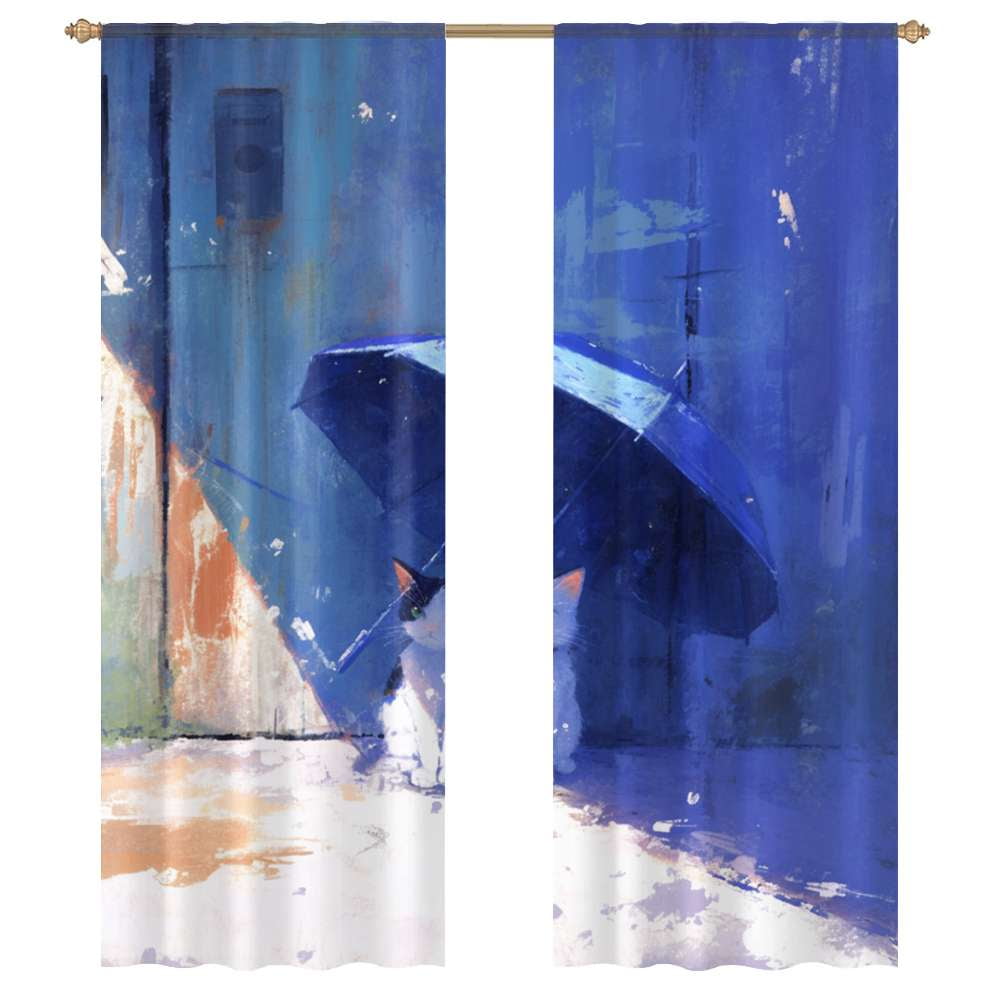 Cute Cat Hiding Under Umbrella Sheer Window Curtains for Living Room ...