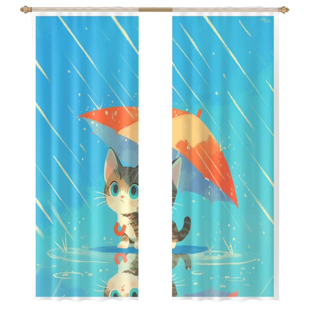 Cute Cat Hiding Under Umbrella Tulle Curtains For Living Room Chiffon ...
