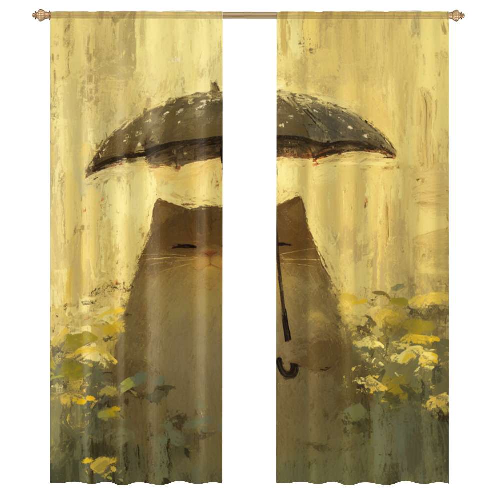 Cute Cat Hiding Under Umbrella Tulle Curtains For Living Room Chiffon ...