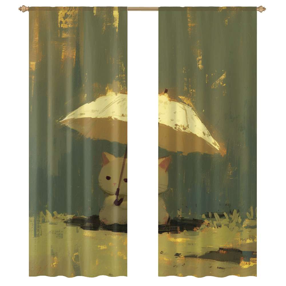 Cute Cat Hiding Under Umbrella Tulle Curtains For Living Room Chiffon ...