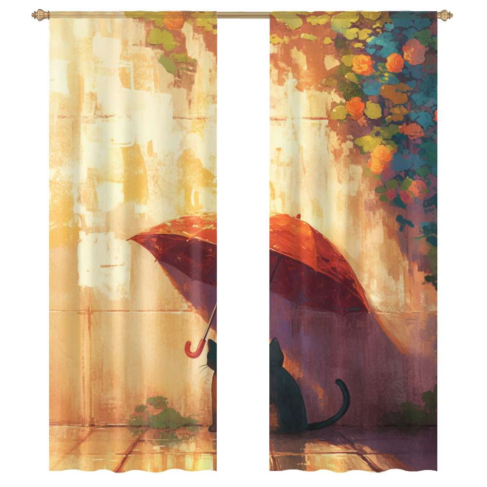 Cute Cat Hiding Under Umbrella Tulle Curtains For Living Room Chiffon ...