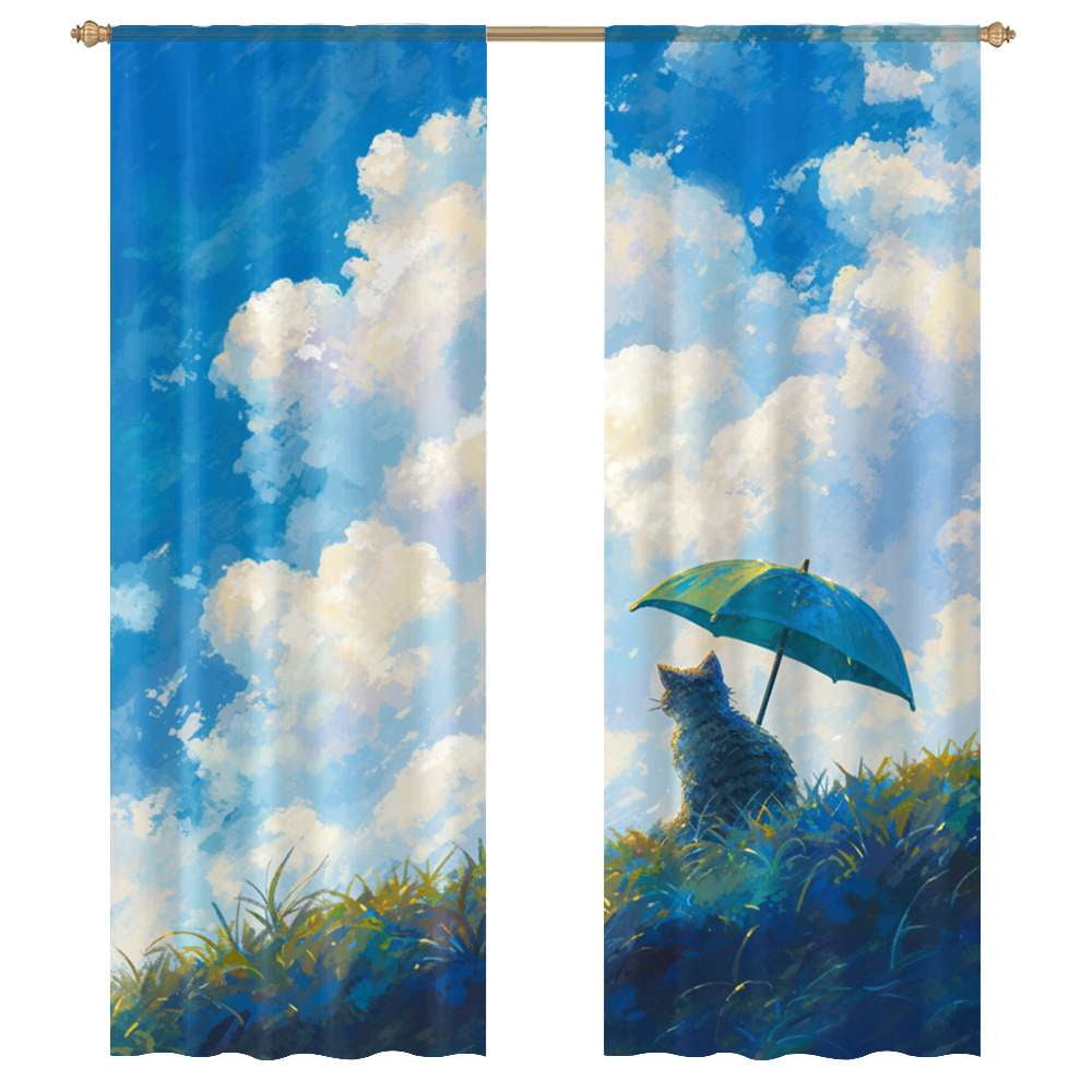 Cute Cat Hiding Under Umbrella Tulle Curtains For Living Room Chiffon ...
