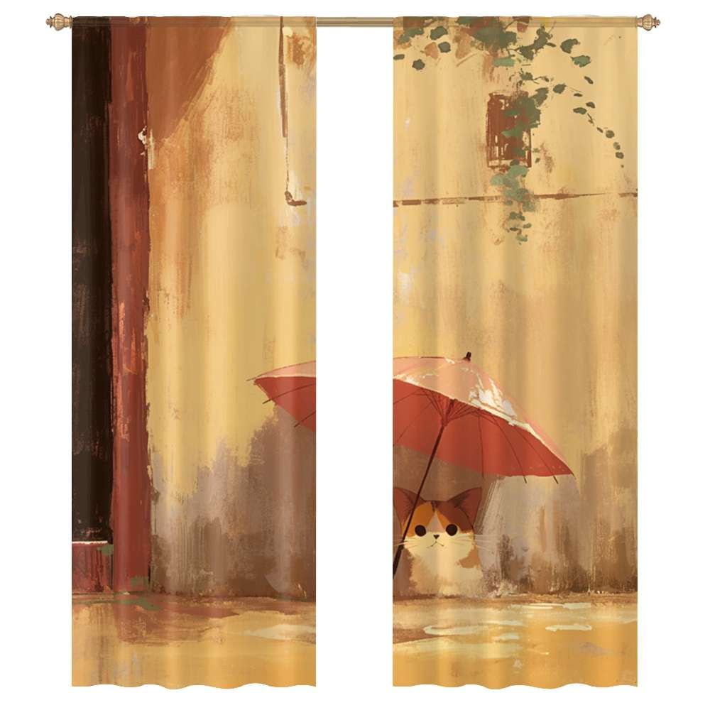 Cute Cat Hiding Under Umbrella Tulle Curtains For Living Room Chiffon ...