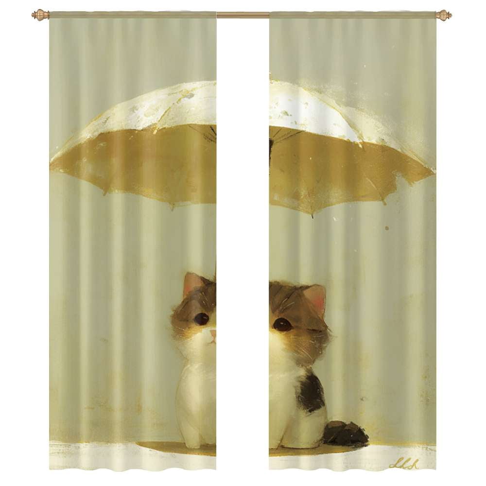 Cute Cat Hiding Under Umbrella Tulle Curtains For Living Room Chiffon ...