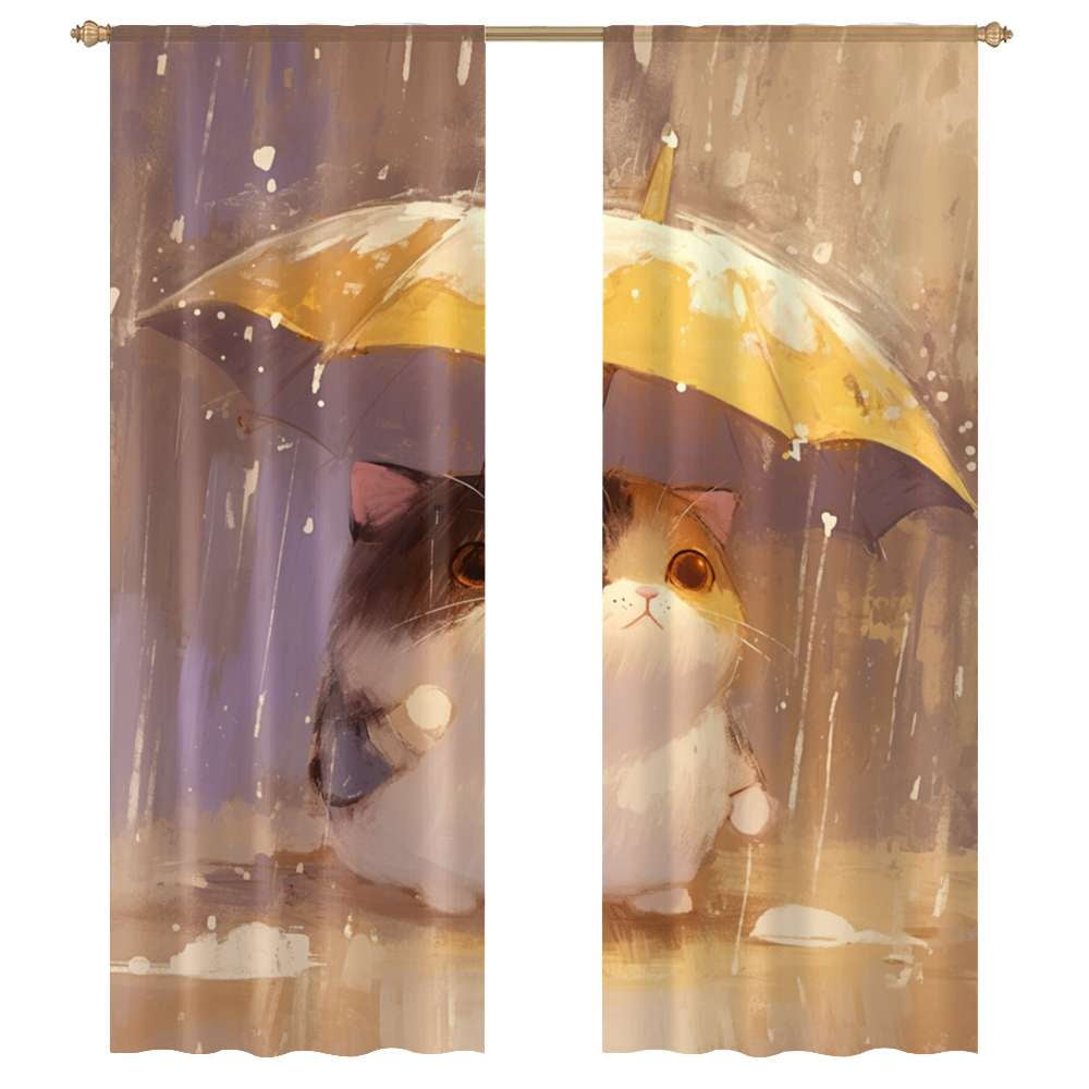 Cute Cat Hiding Under Umbrella Tulle Curtains For Living Room Chiffon ...