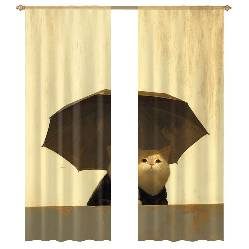 Cute Cat Hiding Under Umbrella Tulle Curtains For Living Room Chiffon ...