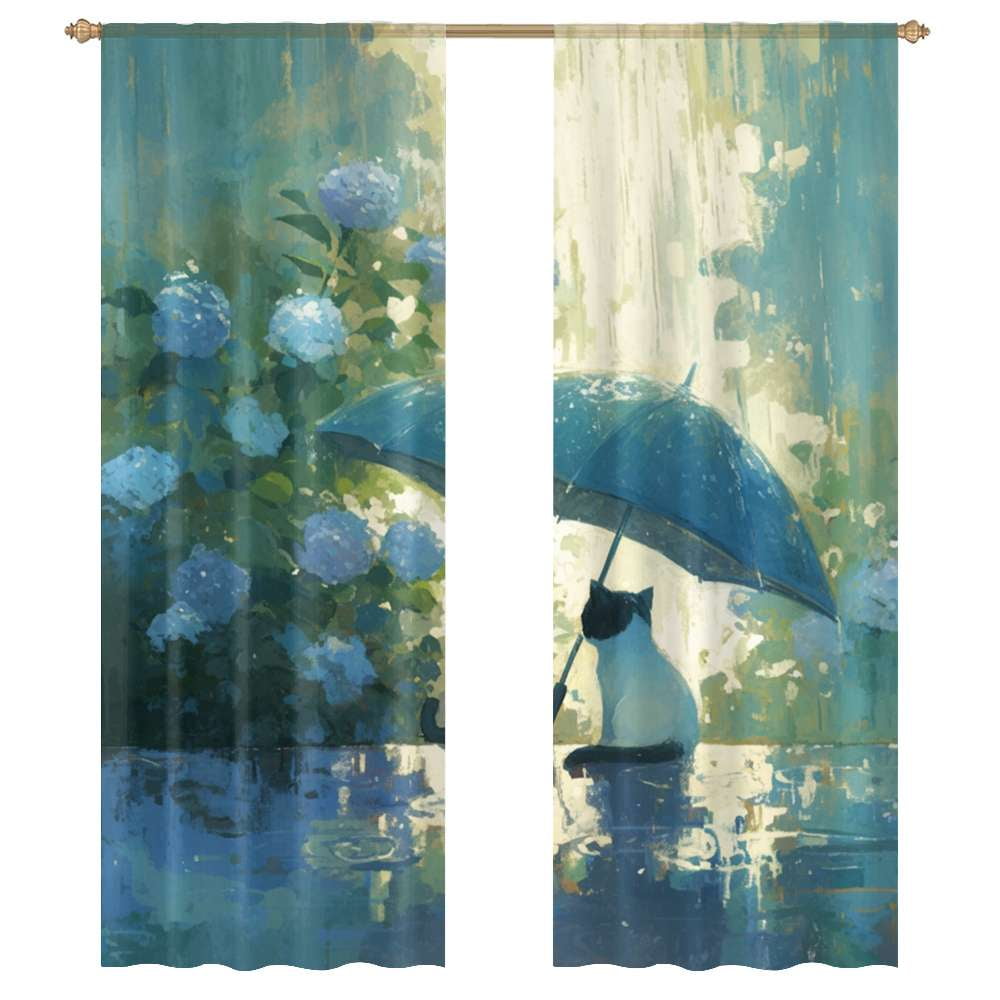 Cute Cat Hiding Under Umbrella Tulle Curtains For Living Room Chiffon ...